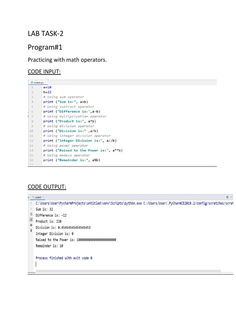 Lab Task-2 Program#1: Practicing With Math Operators. Code Input | PDF ...