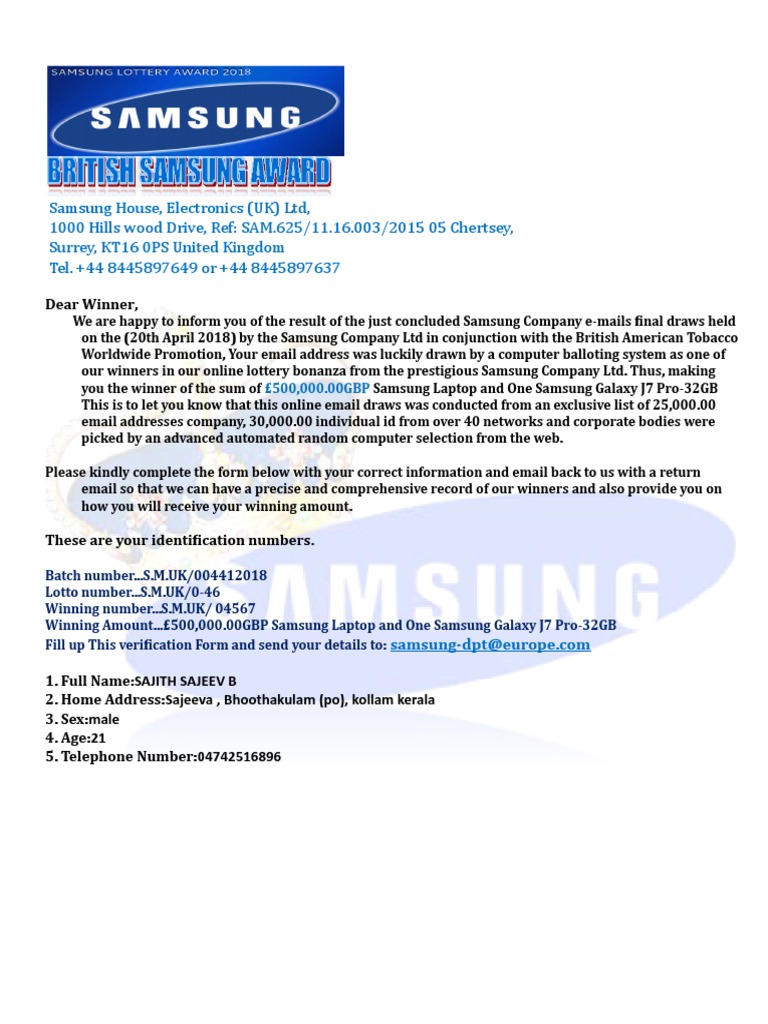 Verification Form and Instructions for Claiming £500,000 Prize from ...