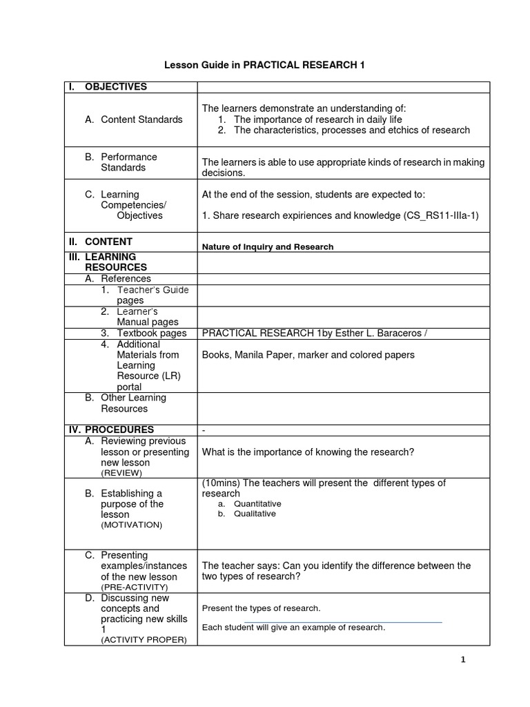 Lesson Guide in PRACTICAL RESEARCH 1 I. Objectives: Nature of Inquiry ...