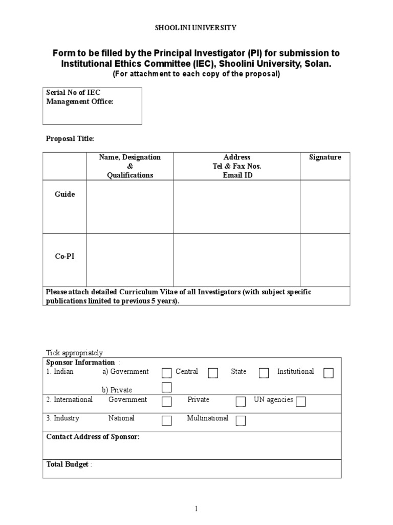 Form To Be Filled by The Principal Investigator (PI) For Submission To ...