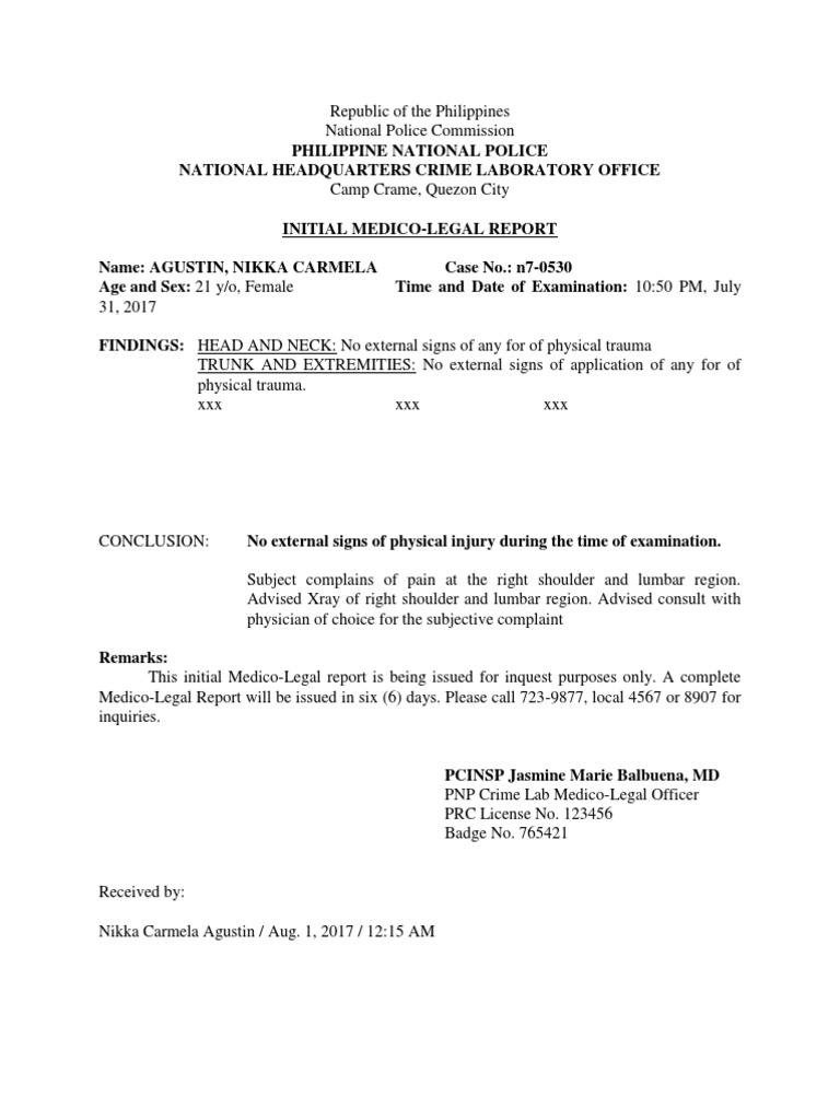 Initial Medico-Legal Report Sample | PDF
