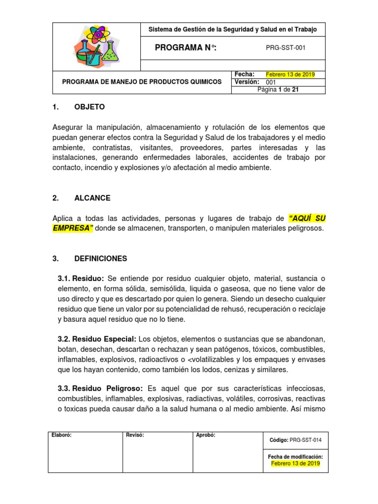 Modelo Programa de Manejo de Productos Quimicos | PDF | Oxígeno | Carbón
