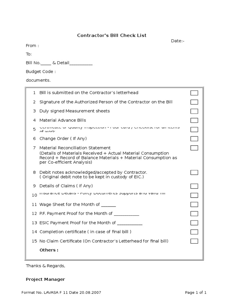Contractor's Bill Check List: Others | PDF | Cheque | Payments