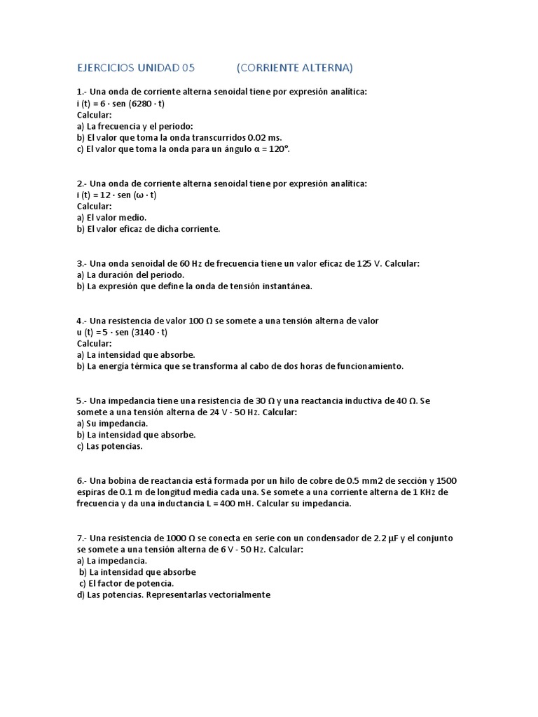 UD5 Ejercicios Corriente Alterna 2 | PDF | Energia electrica | Impedancia eléctrica