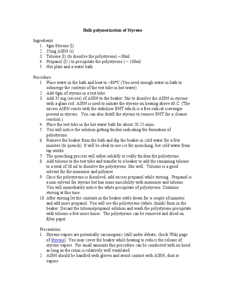 Bulk Polymerization of Styrene | PDF | Polystyrene | Toluene