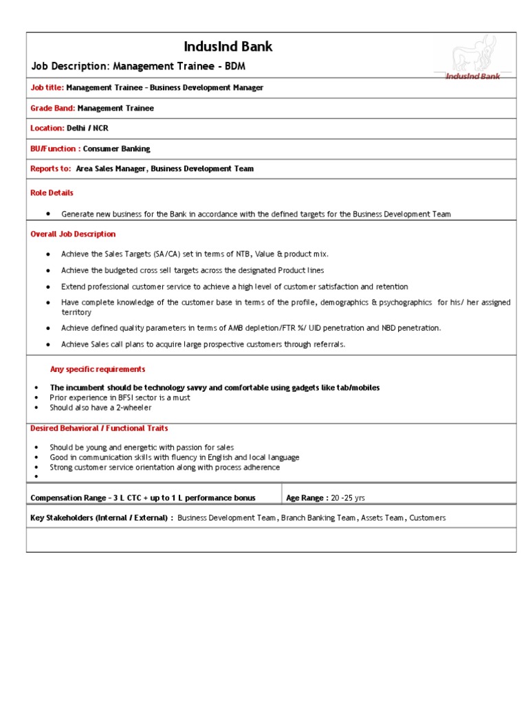 JD - Management Trainee BDM | PDF