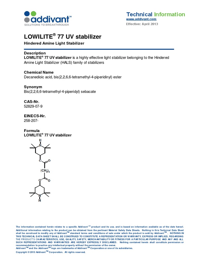 Lowilite 77 Pds | PDF | Solvent | Ultraviolet