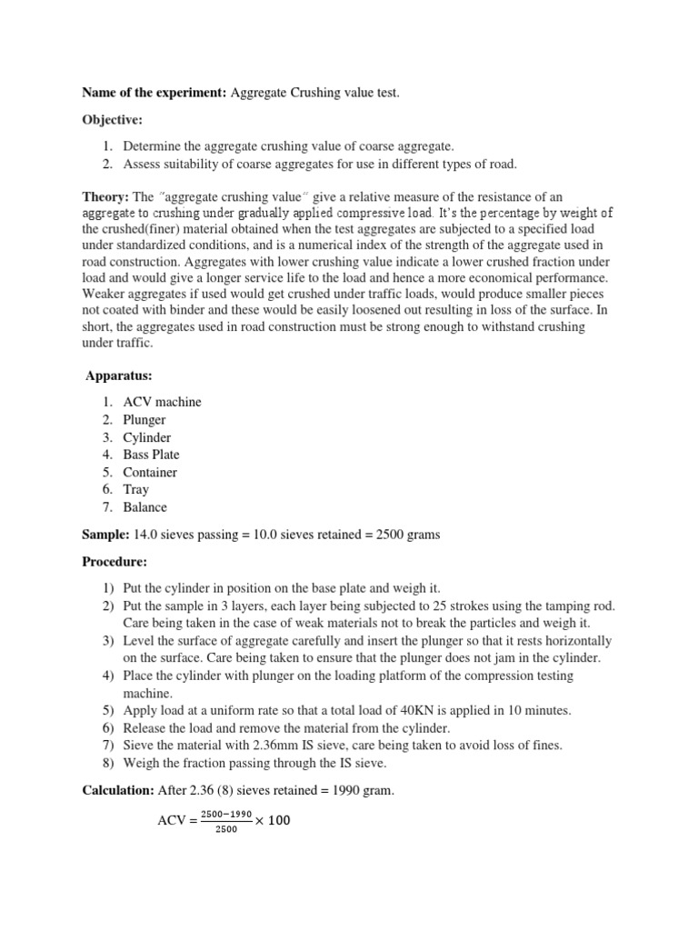 Aggregate Crushing Value Test Lab Report | PDF | Construction Aggregate ...