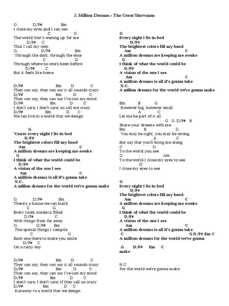 "A Million Dreams Chords & Lyrics" | PDF