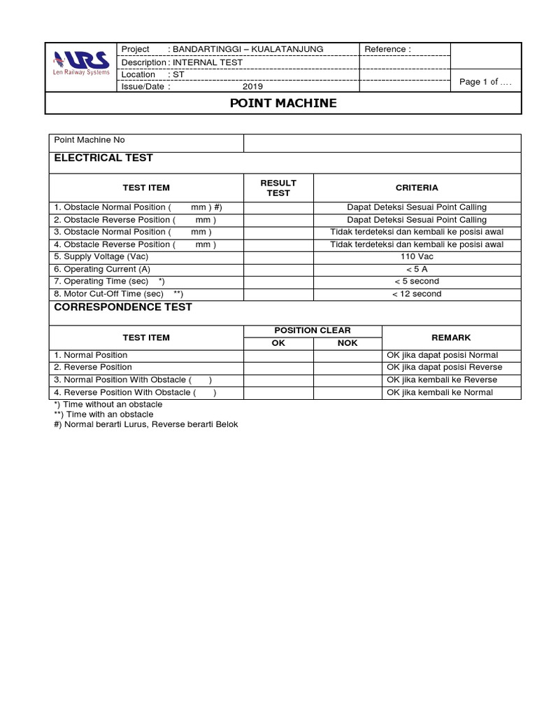 Point Machine Electrical and Correspondence Testing Report for the ...