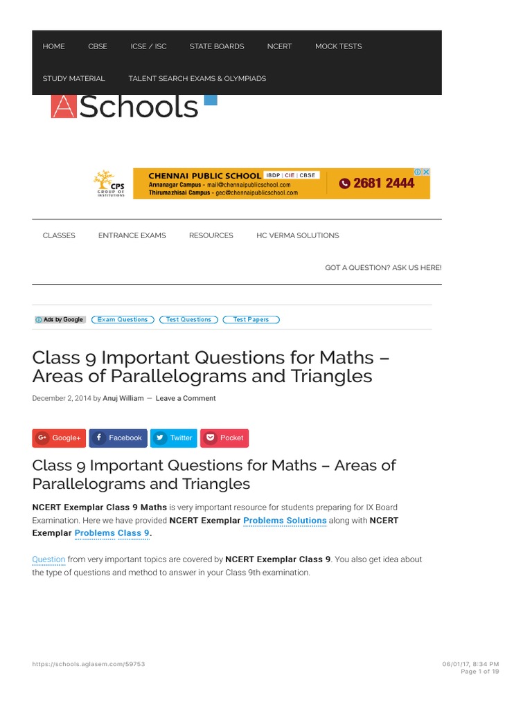 Class 9 Important Questions For Maths - Areas of Parallelograms and ...