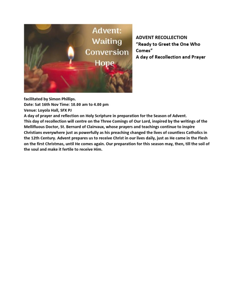 Advent Recollection "Ready To Greet The One Who Comes" A Day of Recollection and Prayer | PDF ...