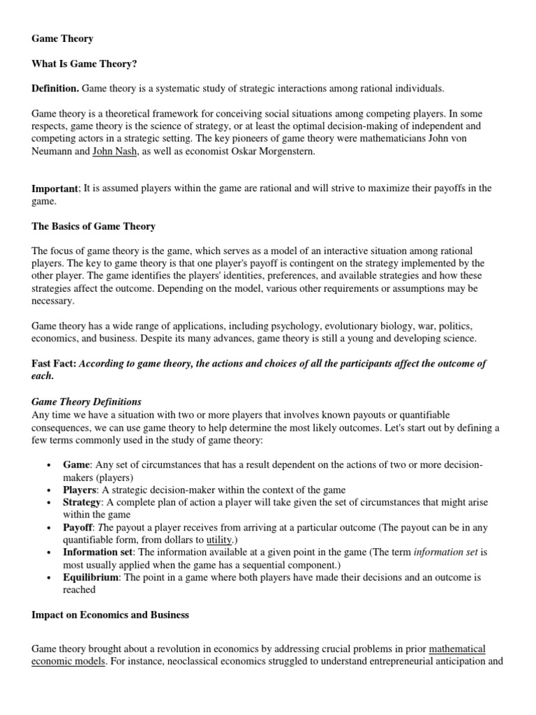 Each. Game Theory Definitions | PDF | Game Theory | Matrix (Mathematics)