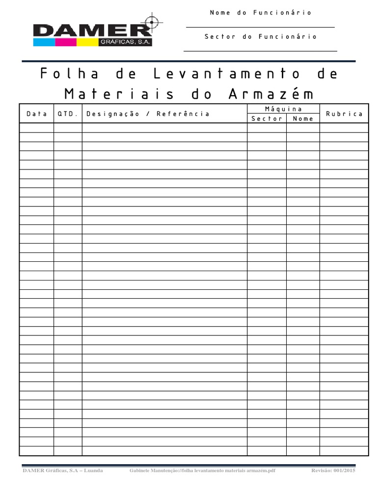 Folha de Levantamento de Materiais Armazem | PDF