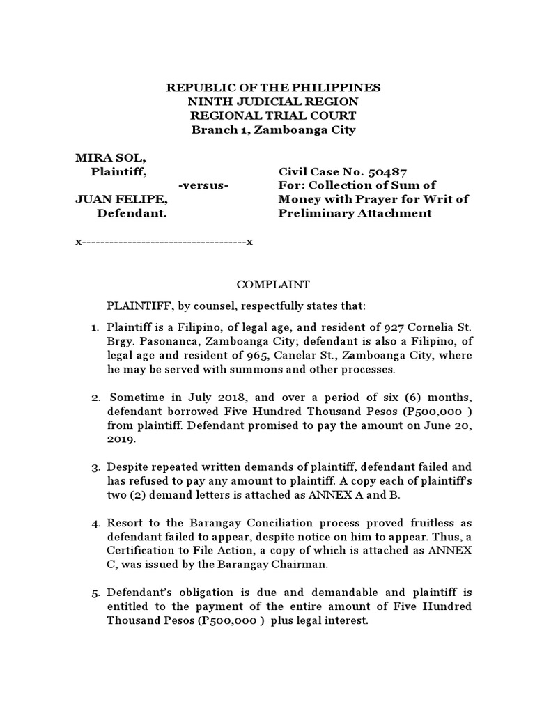 Complaint for Collection in Zamboanga City | PDF