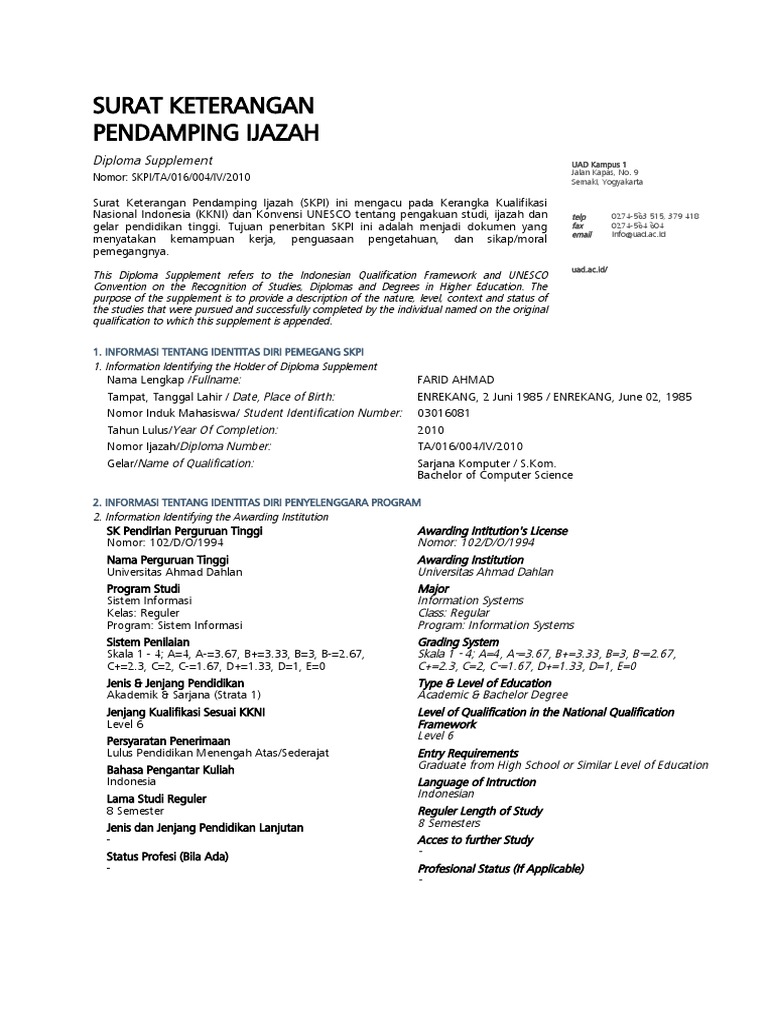 Contoh Skpi Fti Uad | PDF