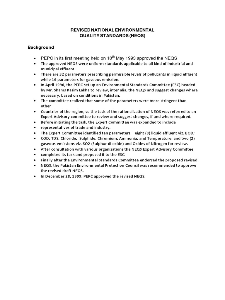 Revised National Environmental Quality Standards (Neqs) Background ...