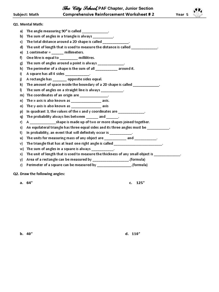 Math Reinforcement Worksheet 2 Year 5 | PDF | Triangle | Cartesian ...
