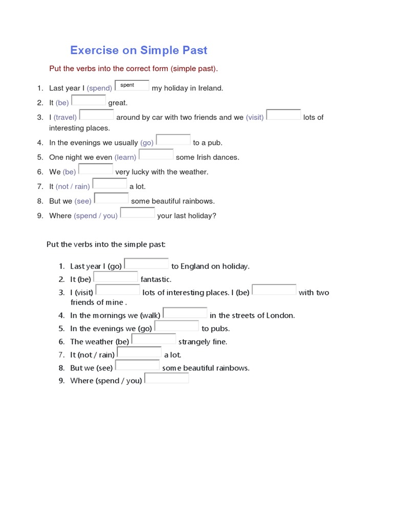 Exercise On Simple Past: Put The Verbs Into The Correct Form (Simple ...