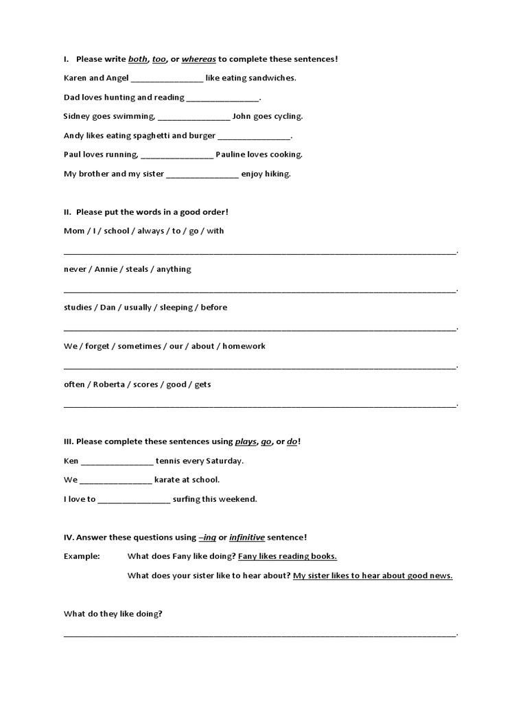 I. Please Write Both, Too, or Whereas To Complete These Sentences! | PDF