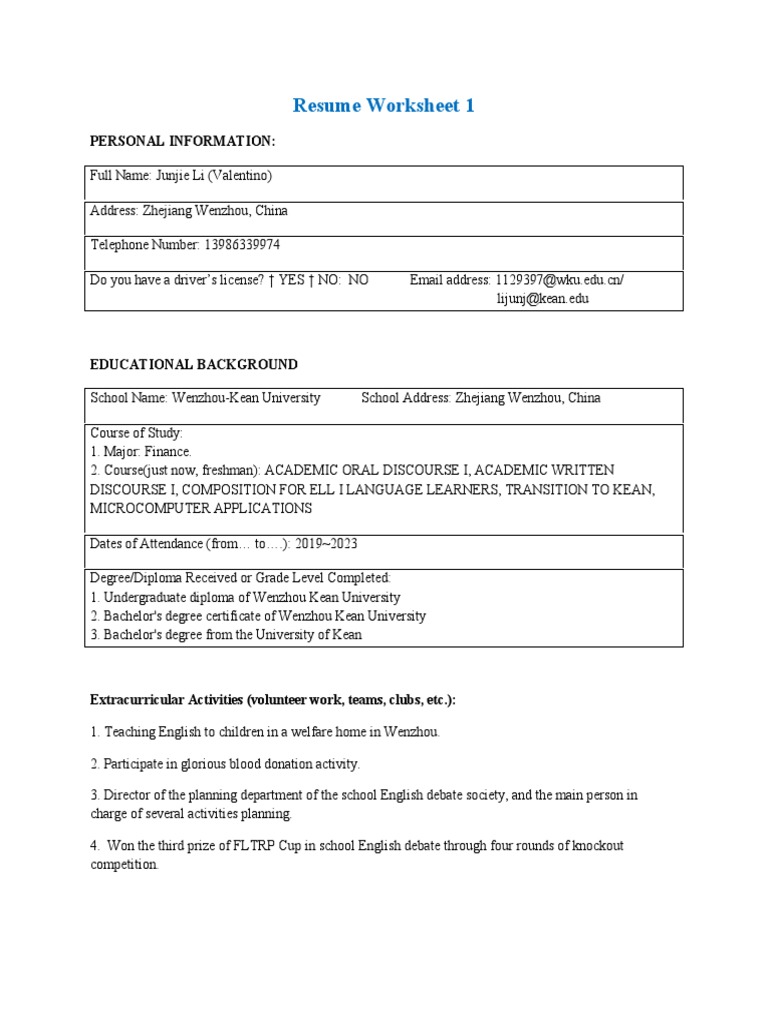 Resume Worksheet 1: Personal Information | PDF | Postgraduate Education | Learning
