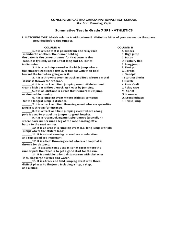 Summative Test in Grade 7 SPS - ATHLETICS: Concepcion Castro Garcia ...