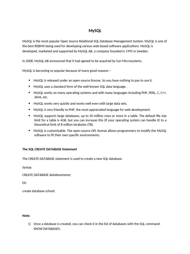 Mysql: The SQL Create Database Statement | PDF | Table (Database) | Computer Programming