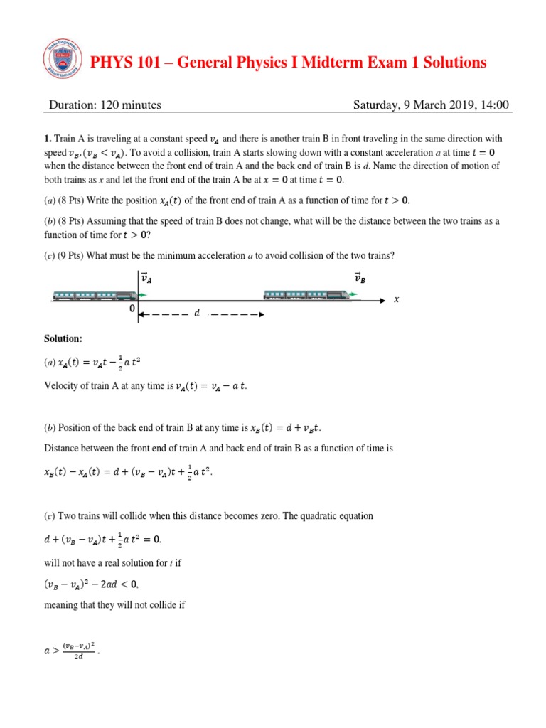 PHYS 101 - General Physics I Midterm Exam 1 Solutions: Duration: 120 ...