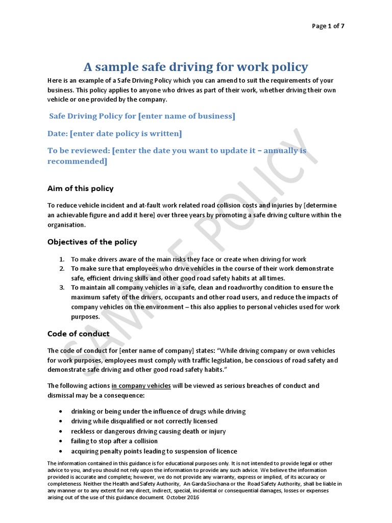 Sample Driving For Work Policy | PDF | Driving | Road Traffic Safety