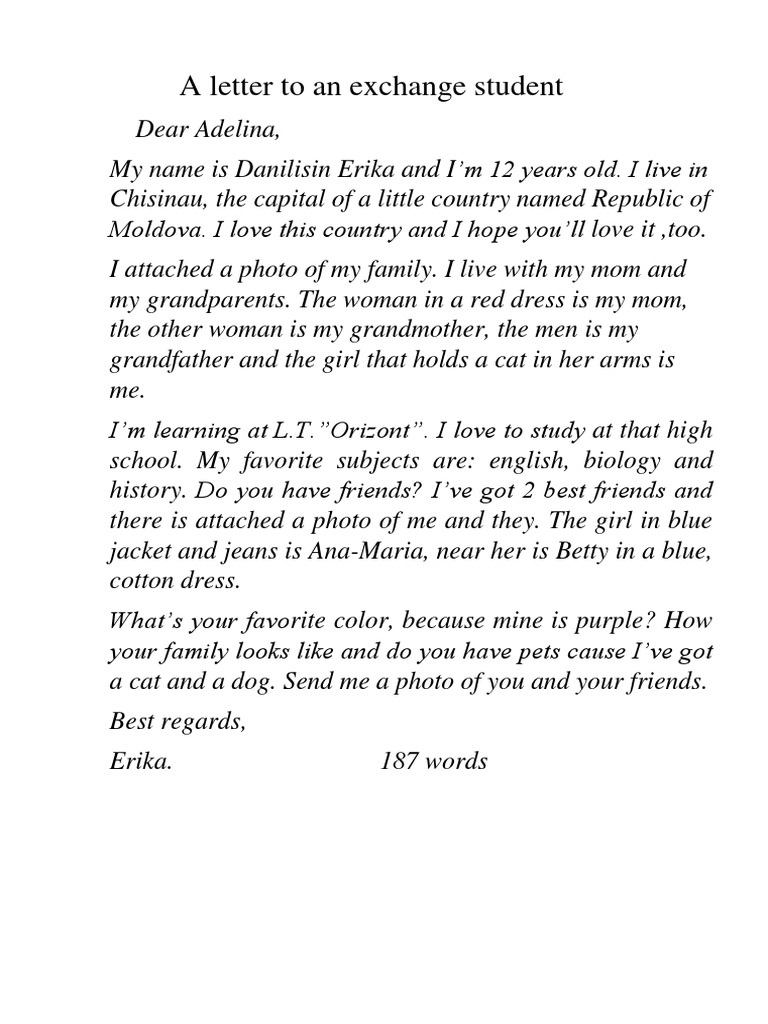 Letter to Exchange Student Adelina | PDF