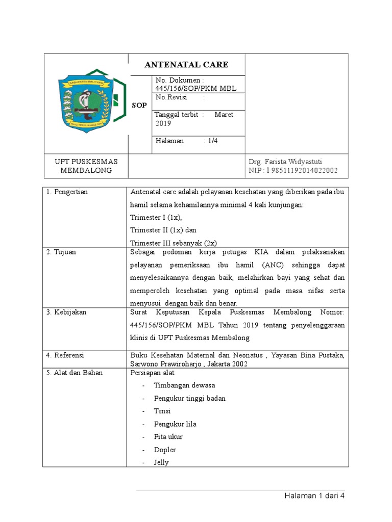 Panduan SOP Antenatal Care Ibu Hamil | PDF