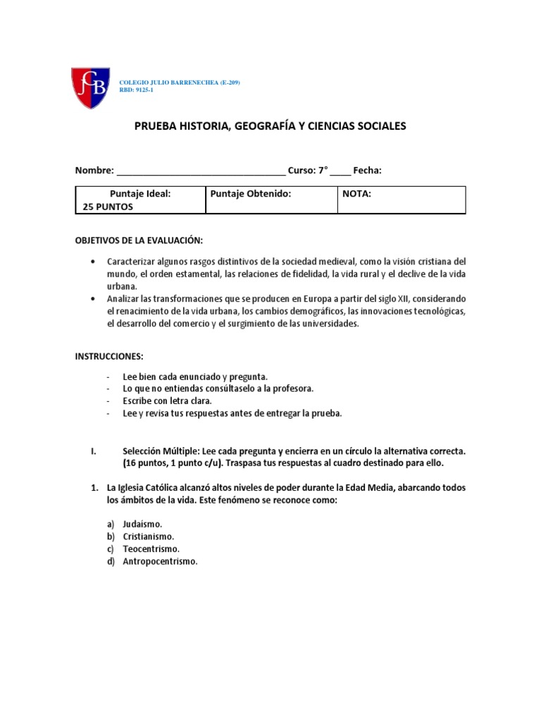 Prueba Edad Media 7° | PDF | Feudalismo | Edades medias