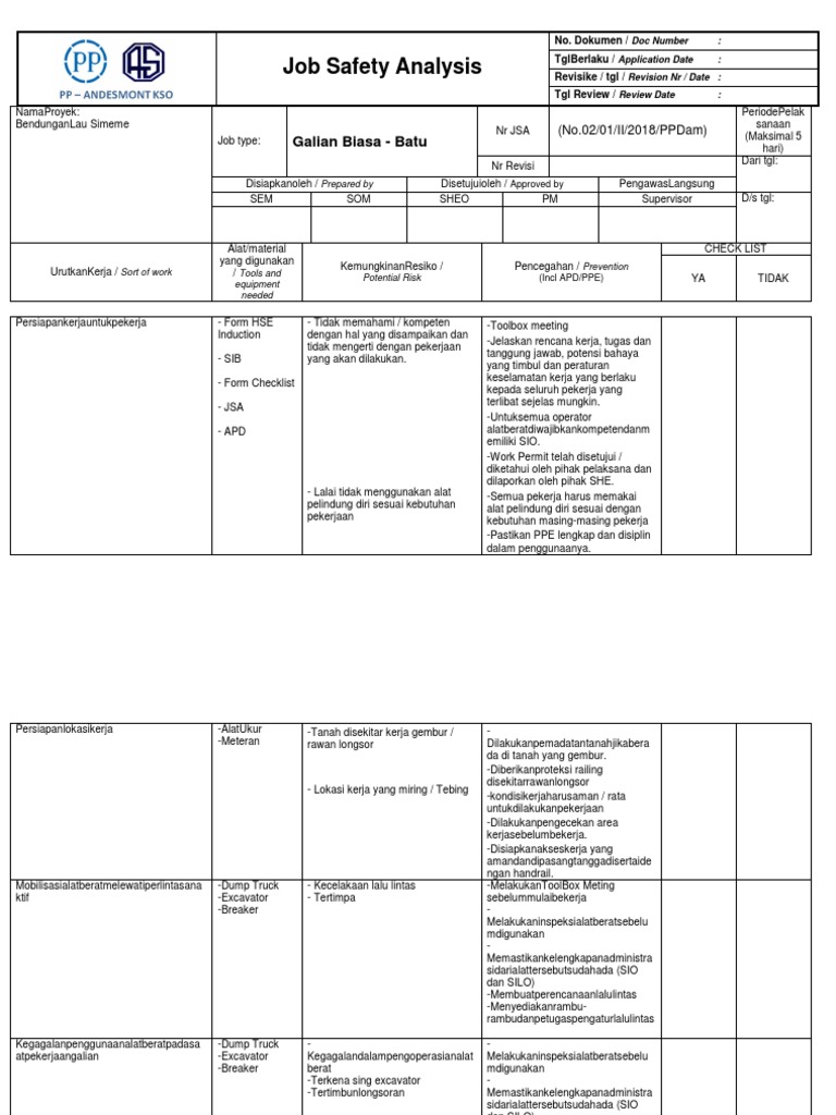 Job Safety Analysis Galian Biasa-Batu | PDF