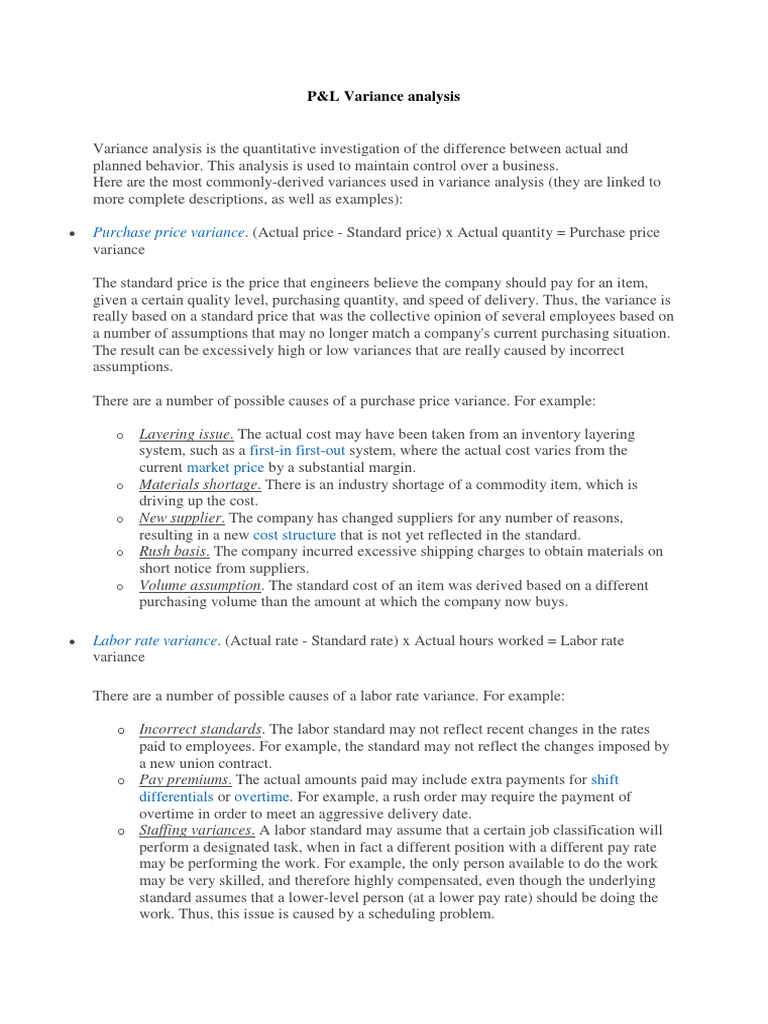 Purchase Price Variance: P&L Variance Analysis | PDF | Employment | Prices