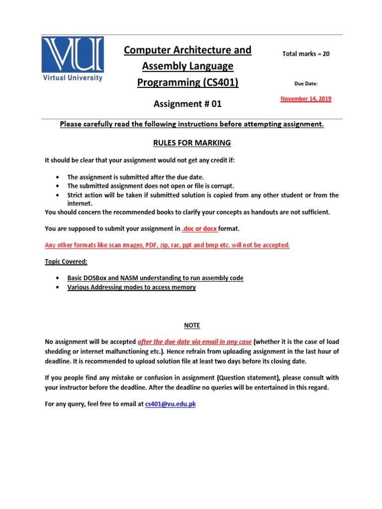 Computer Architecture and Assembly Language Programming (CS401) | PDF | Assembly Language ...