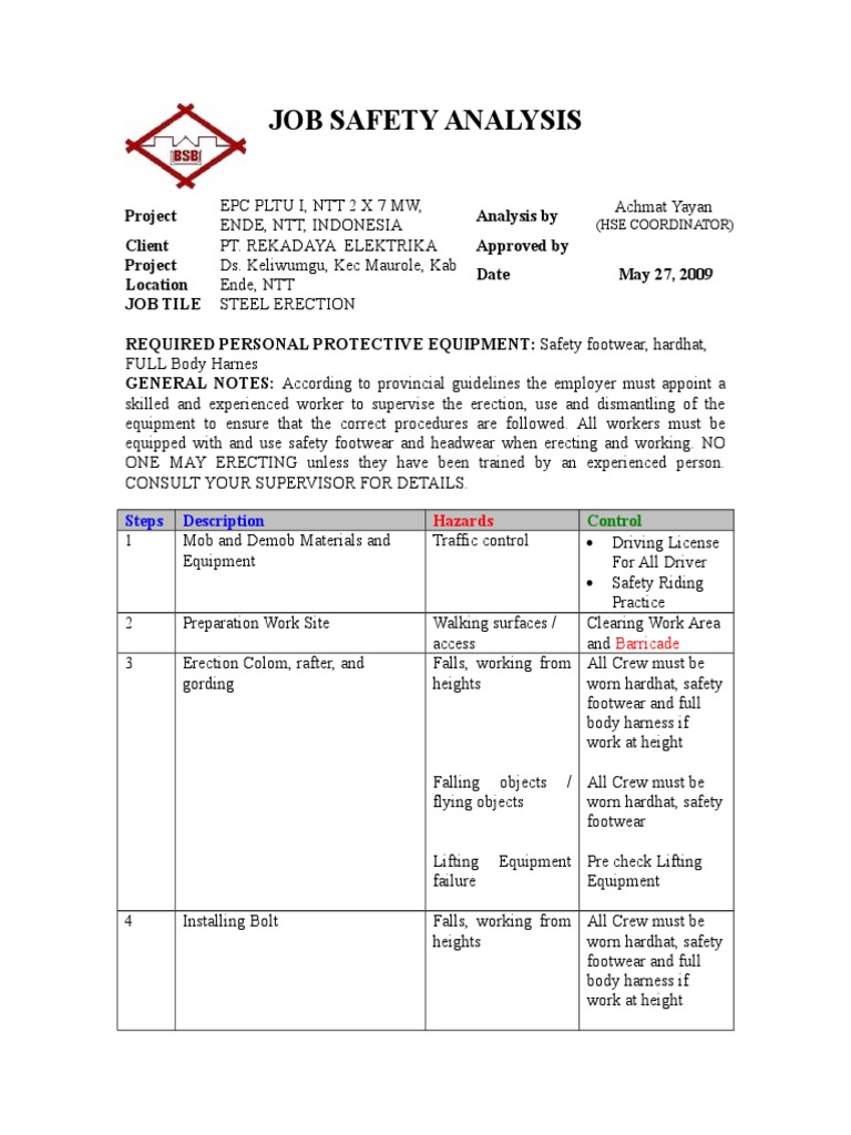 Job Safety Analysis: Steps Description | PDF | Safety | Prevention