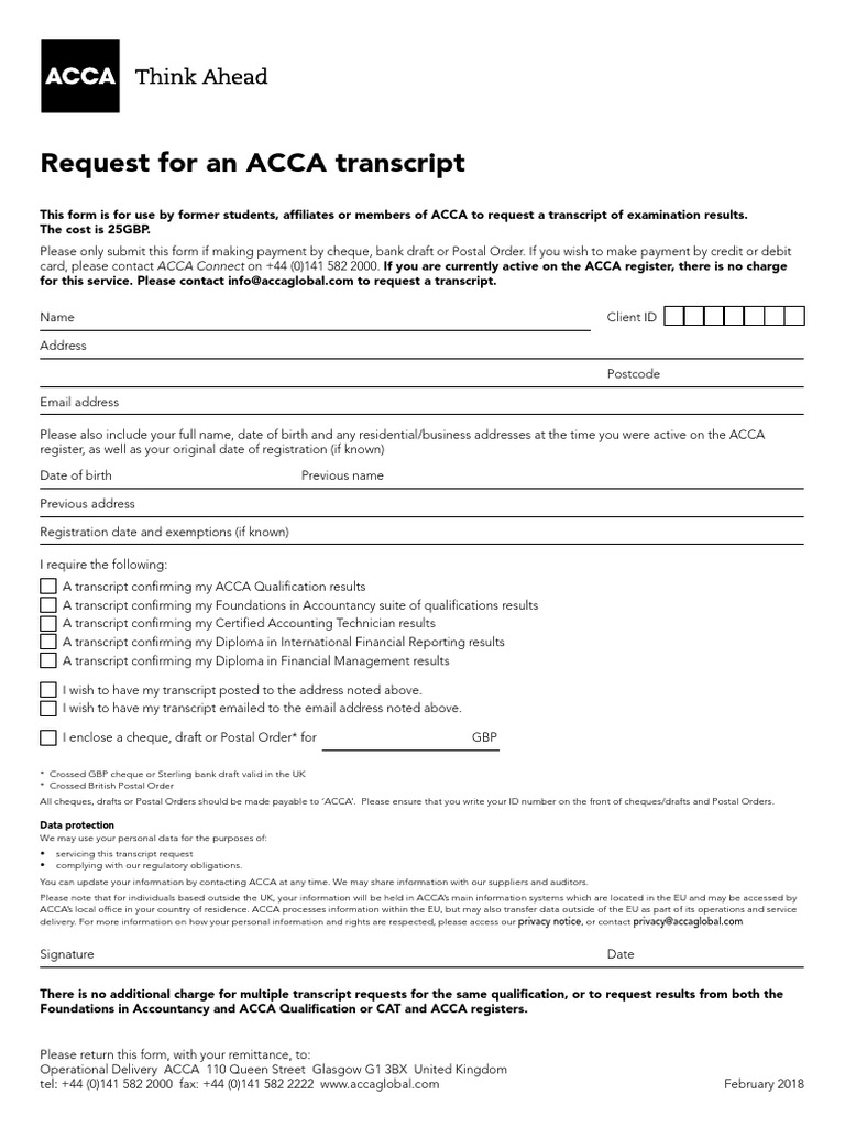 Request For An ACCA Transcript: Data Protection | PDF | Cheque | Payments