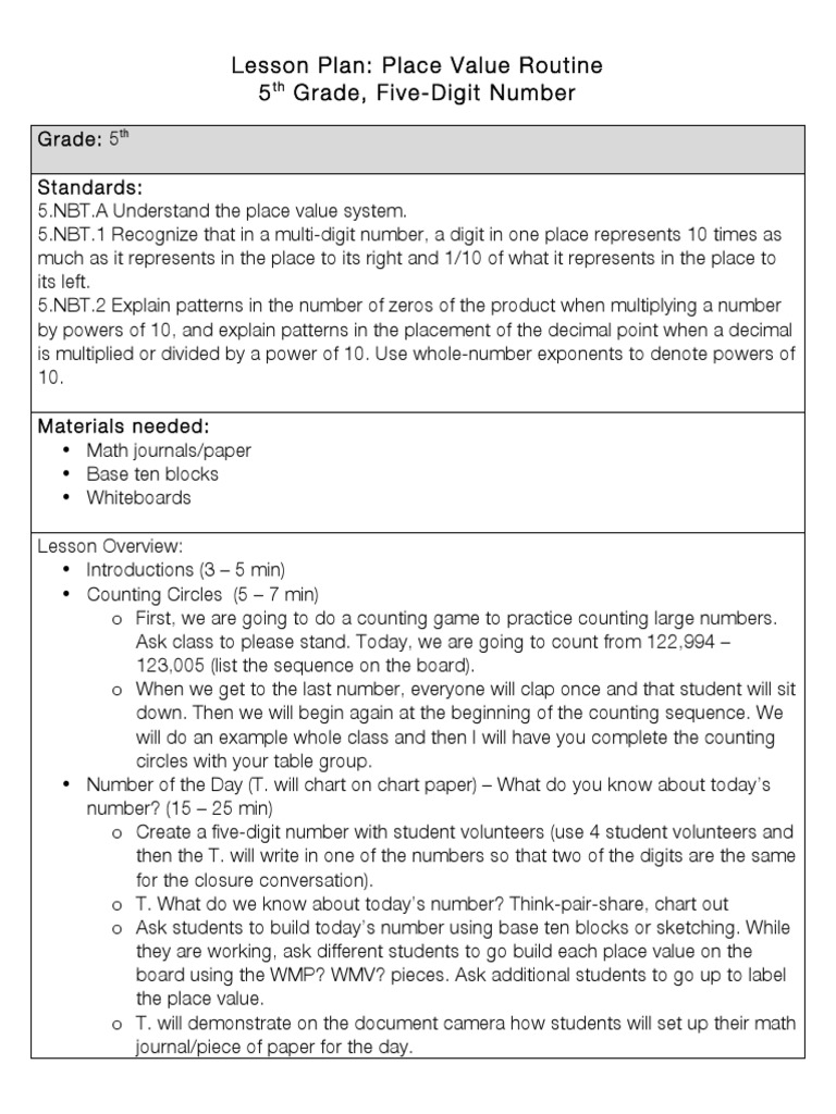 5th Grade Place Value Lesson Plan | PDF | Exponentiation | Numbers