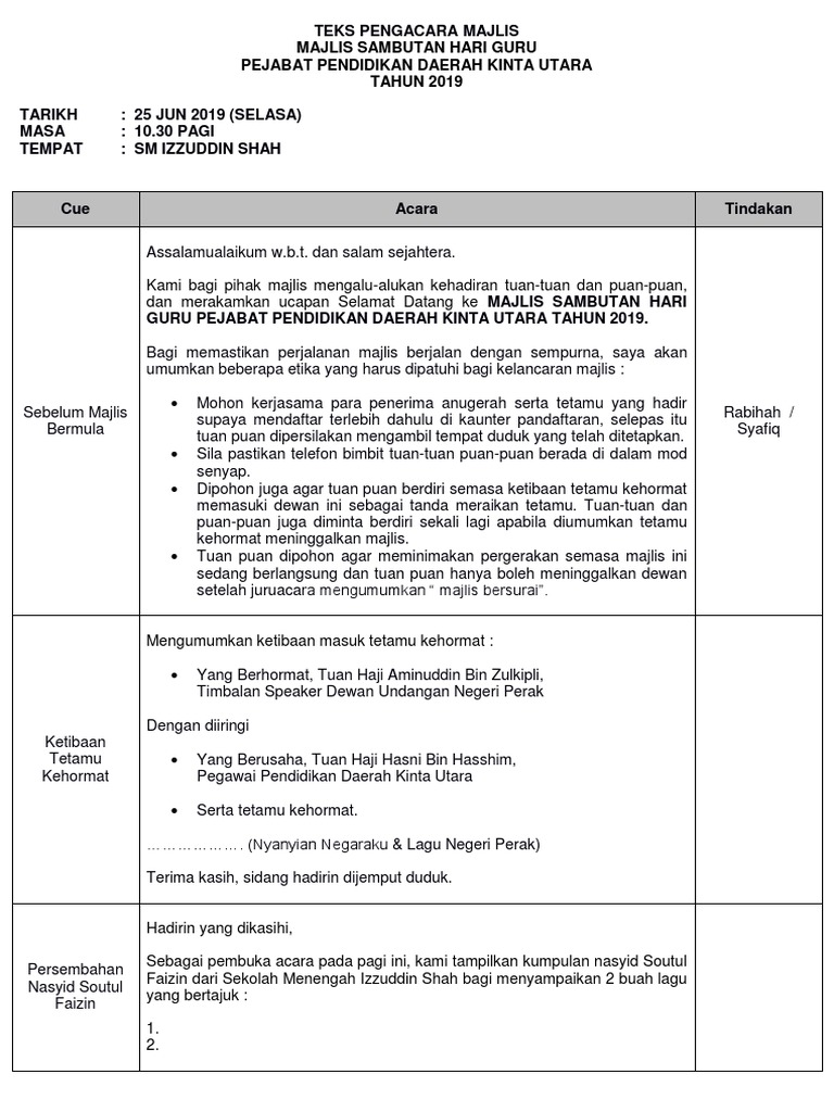 Teks Pengacara Majlis - Hari Guru PPD Ku 2019 | PDF