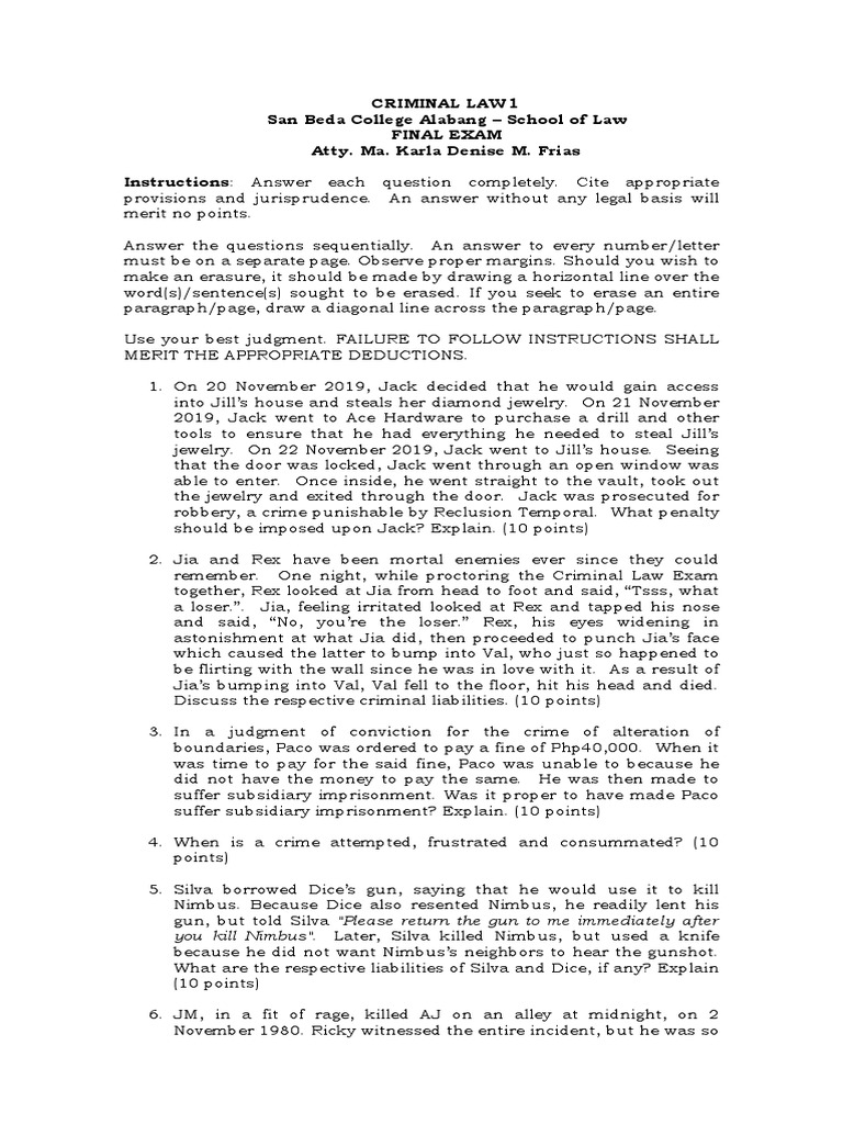 Criminal Law Final Exam Questions | PDF | Sentence (Law) | Murder