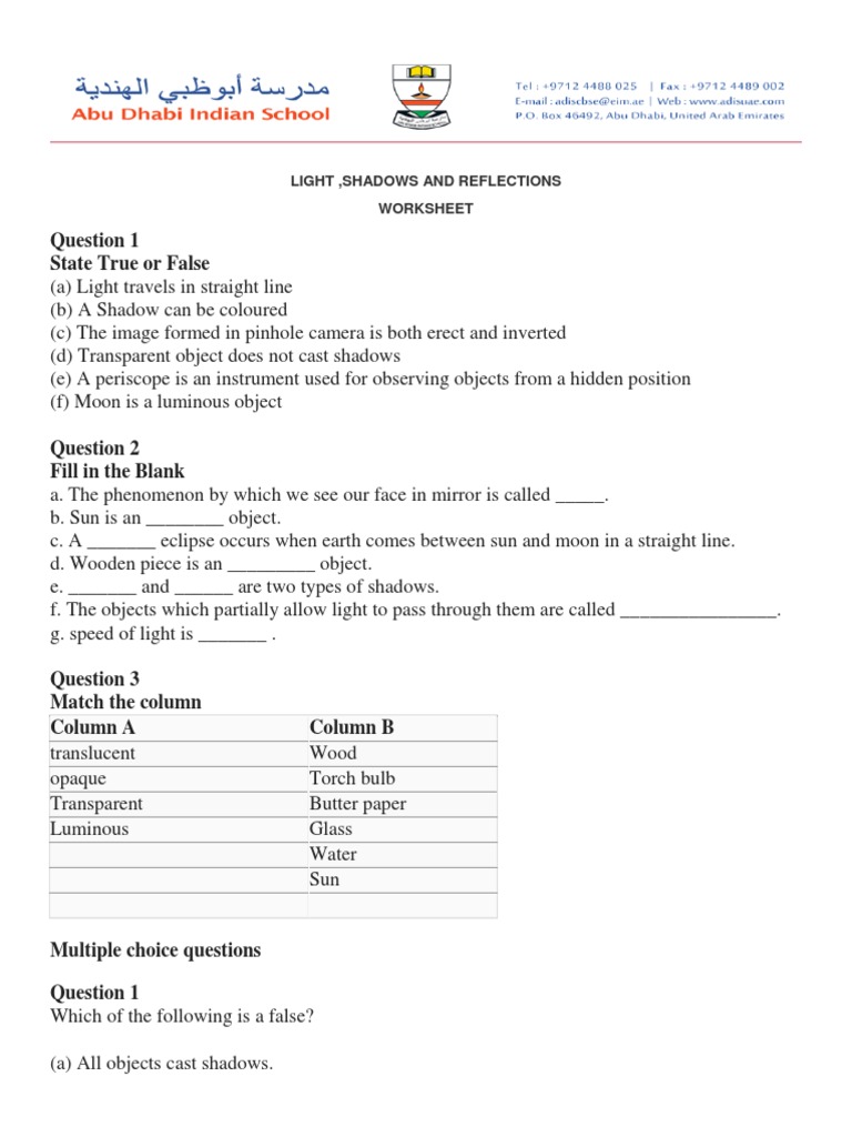 Light Shadow Reflection Worksheet | PDF | Shadow | Speed Of Light
