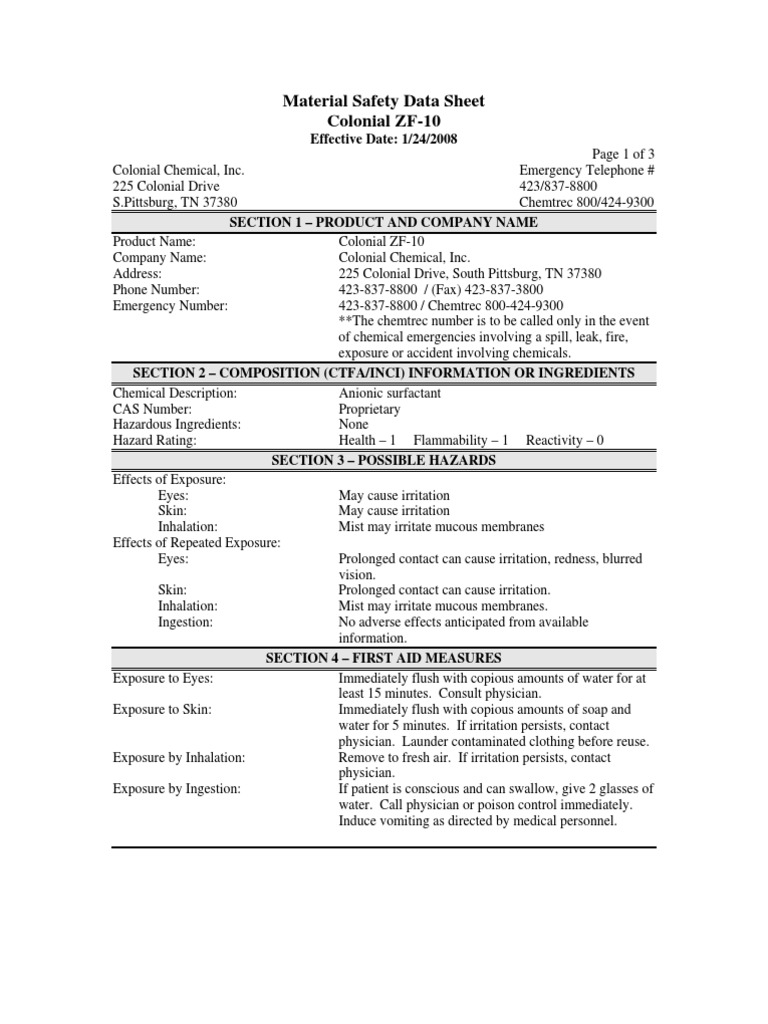 Msds Colonial Zf-10 (16 Section) | PDF | Firefighting | Personal ...
