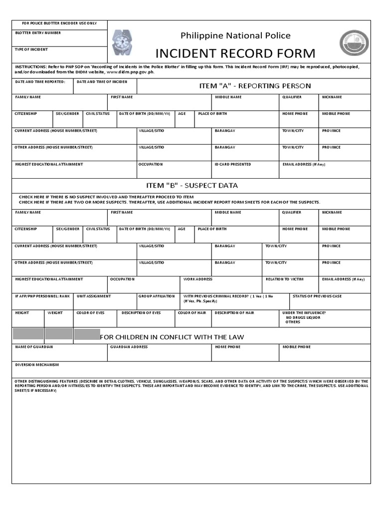 Incident Record Form: Philippine National Police | PDF | Public Law ...