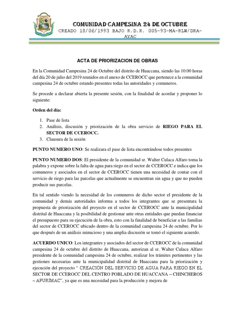 Acta de Priorizacion de Obra | PDF | Gobierno