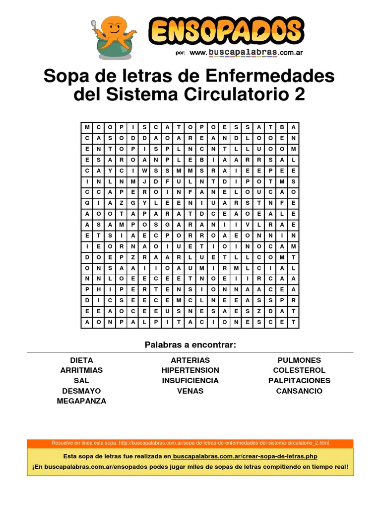 Sopa de Letras de Enfermedades Del Sistema Circulatorio 2 | PDF ...
