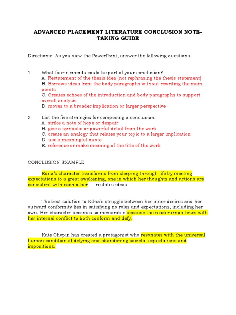 Advanced Placement Literature Conclusion Note-Taking Guide | PDF