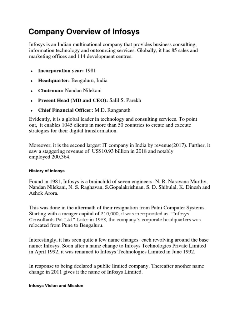 Company Overview of Infosys | PDF | Economies | Business (General)