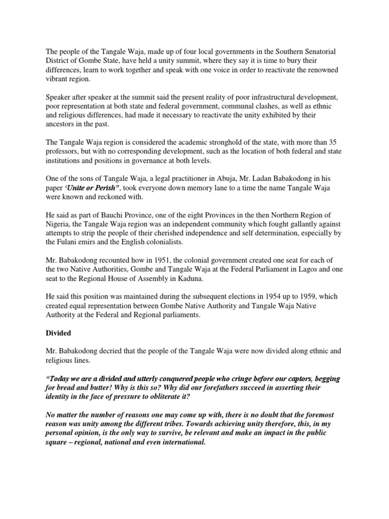 Tangale Waja Unity Summit Insights | PDF