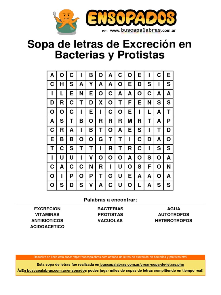 Sopa de Letras de Excreción en Bacterias y Protistas | PDF