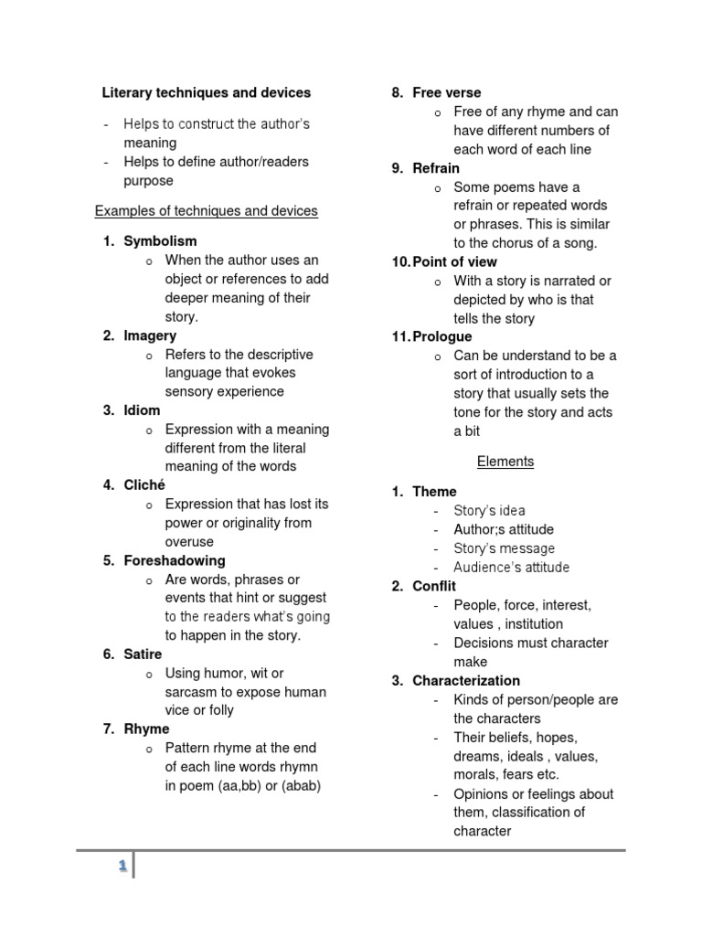 Literary Techniques and Devices 8. Free Verse | PDF | Refrain | Narration